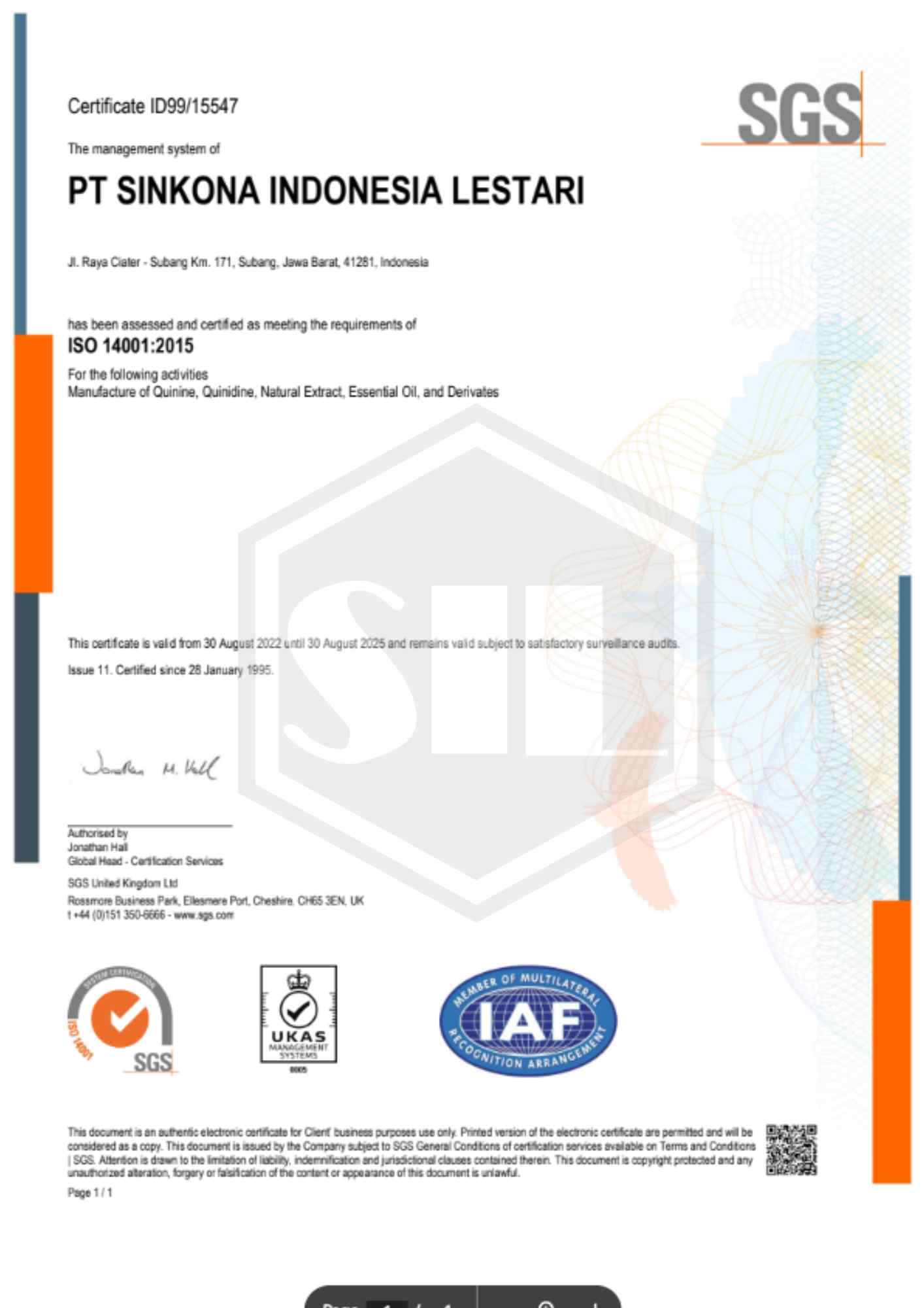 Certifications - Sinkona Indonesia Lestari