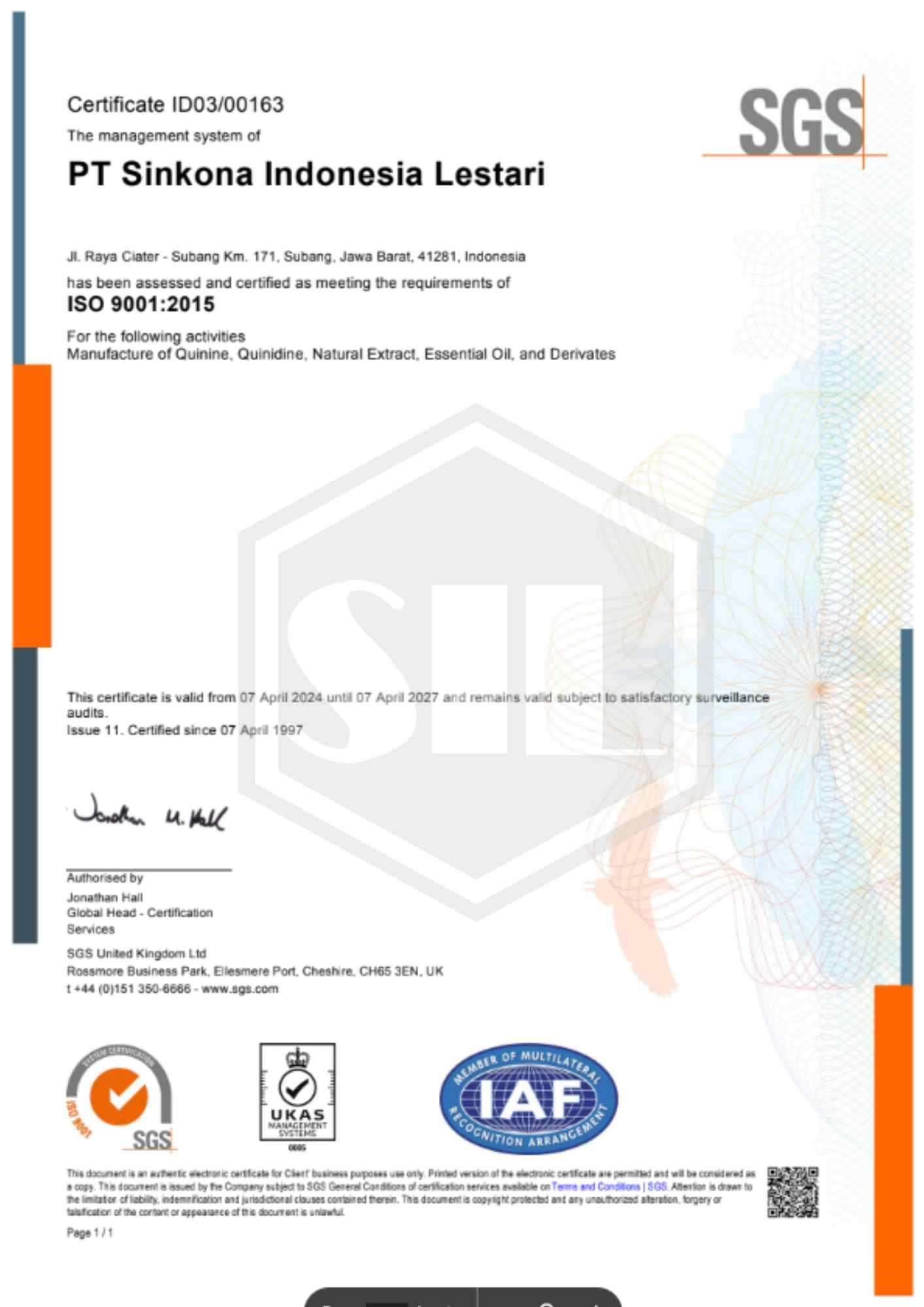 Certifications - Sinkona Indonesia Lestari